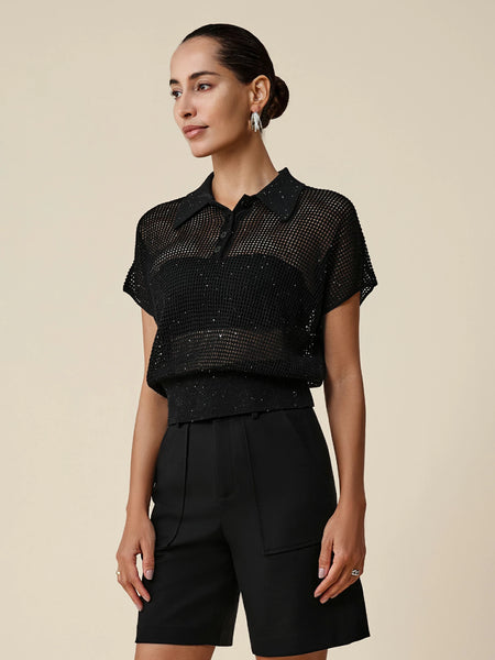 Amoretu Lyocell & Linen Polo Neck Sequin Openwork Shirt
